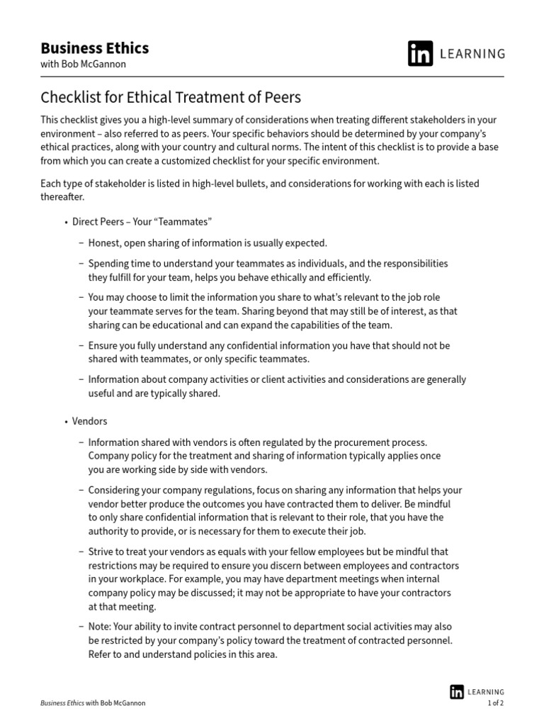 Checklist For Ethical Treatment of Peers | PDF | Information | Social ...