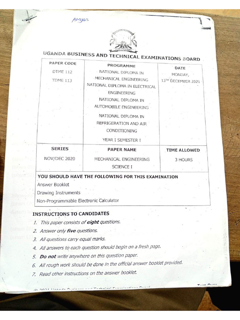 Mechanical Engineering Science Past Papers | PDF