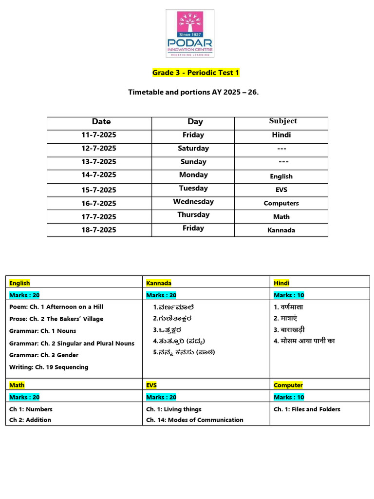 Date Day: Grade 3 - Periodic Test 1 Timetable and Portions AY 2025 26 | PDF
