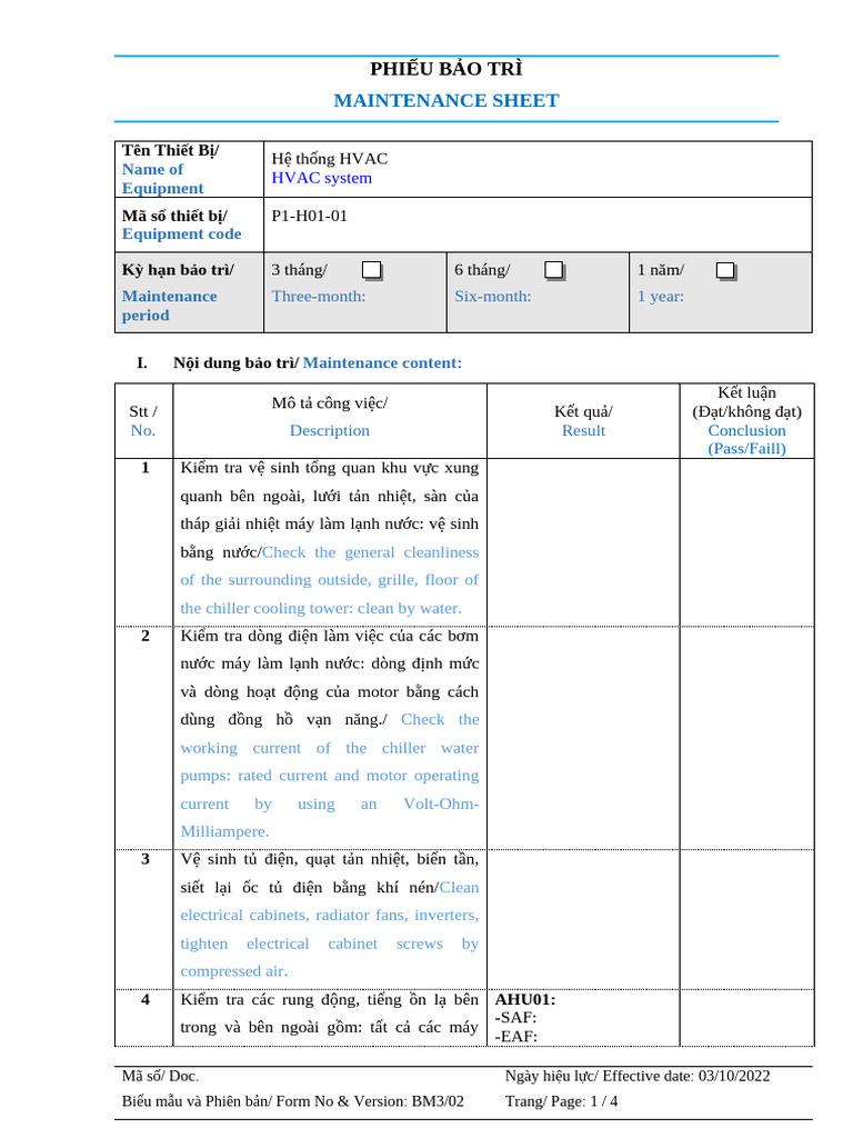 BM3 SOP 3 Phiếu Bảo Trì 6 Tháng | PDF