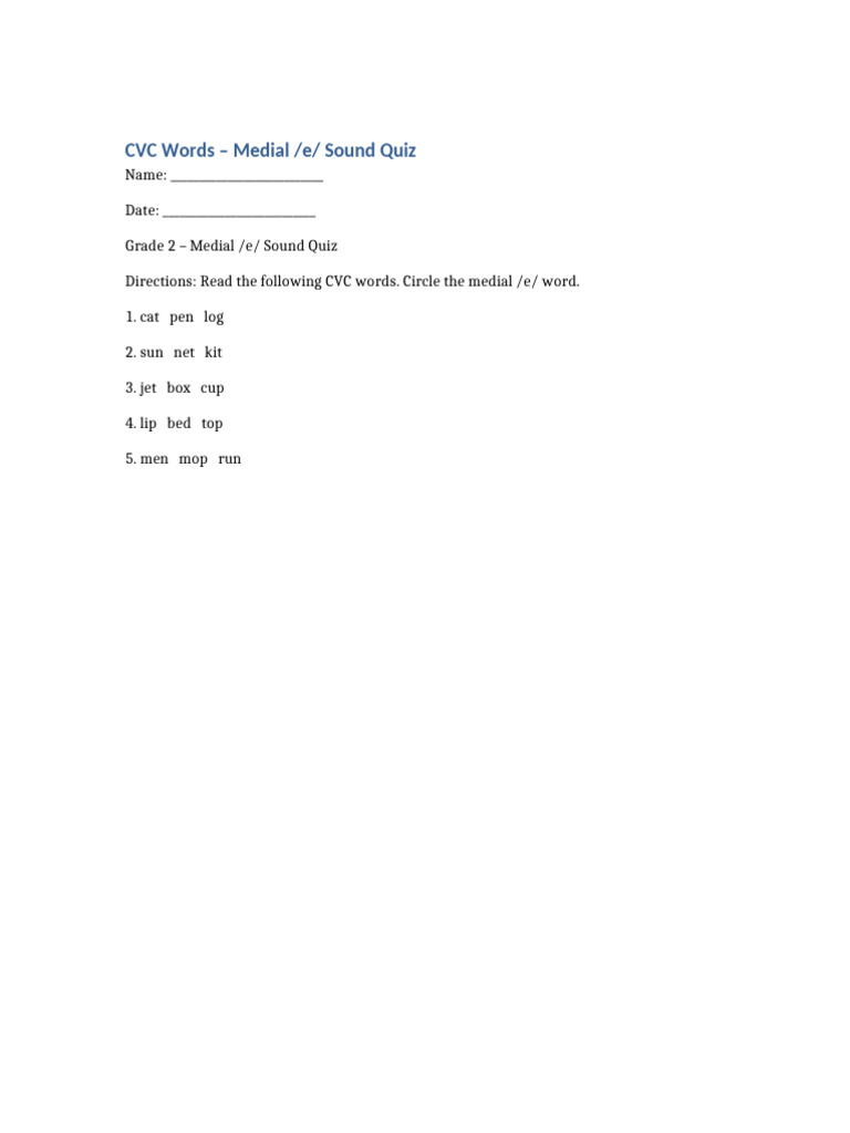 Medial E Sound CVC Quiz | PDF