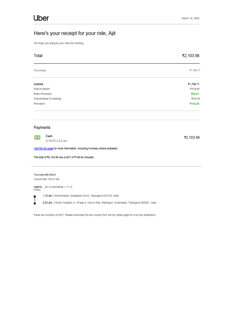 Airport To Home Airport Cab Bill | PDF