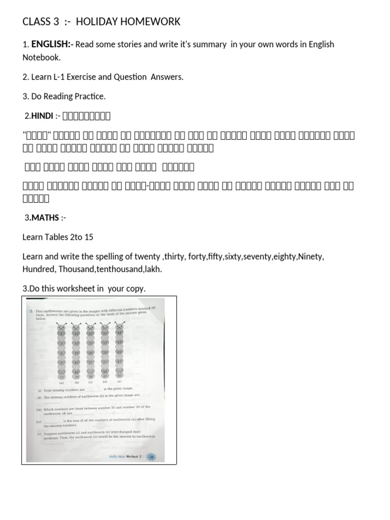 Holiday Homework | PDF