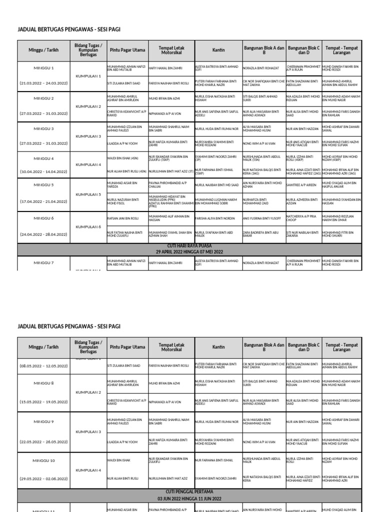 Jadual Bertugas Pengawas - Pagi | PDF