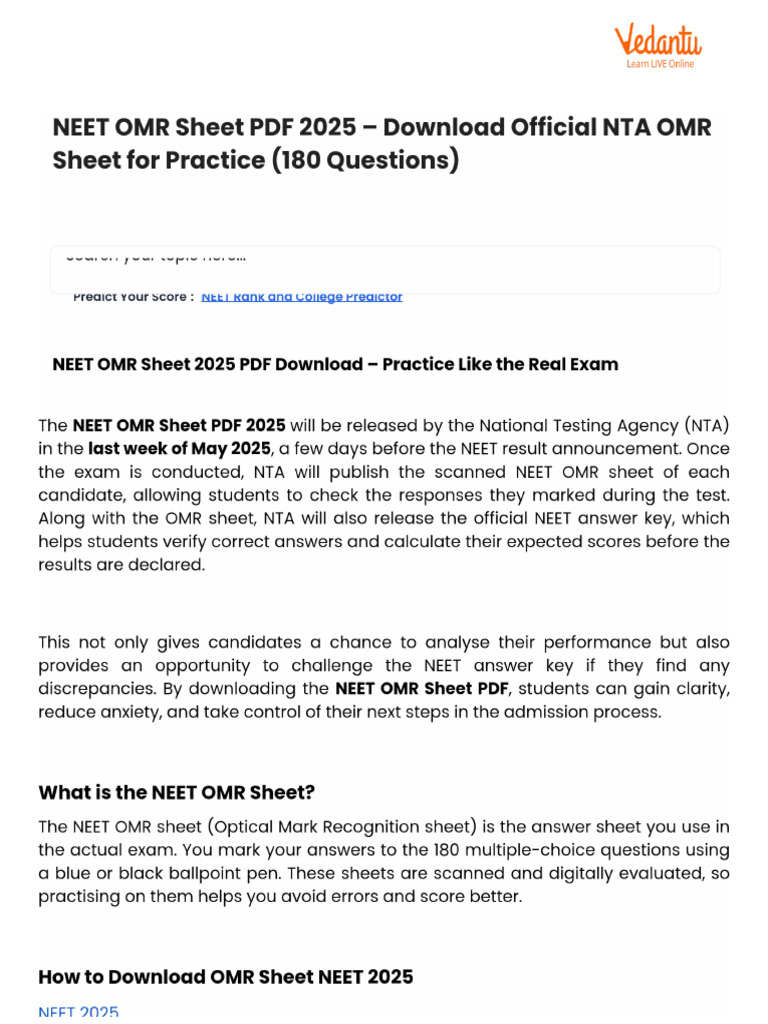 NEET OMR Sheet PDF 2025 - Download Official NTA OMR Sheet For Practice ...