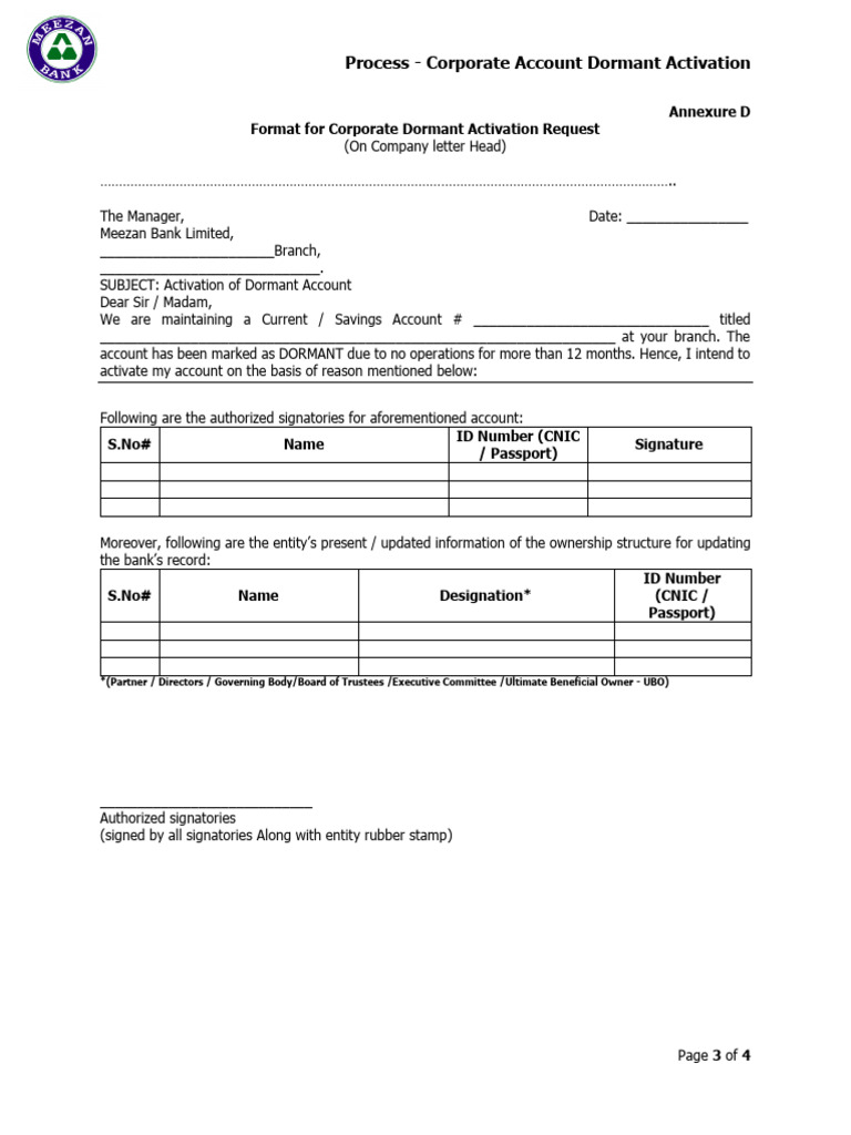Process of Corporate Account Dormant Activation | PDF