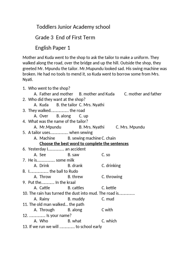 Grade 3 English Paper 1 Exam | PDF