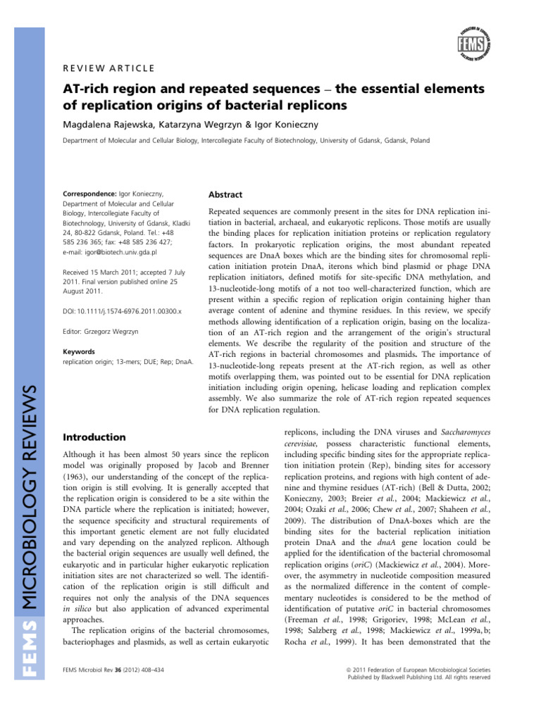 At‐Rich Region and Repeated Sequences the Essential Elements of Replication | PDF | Dna ...