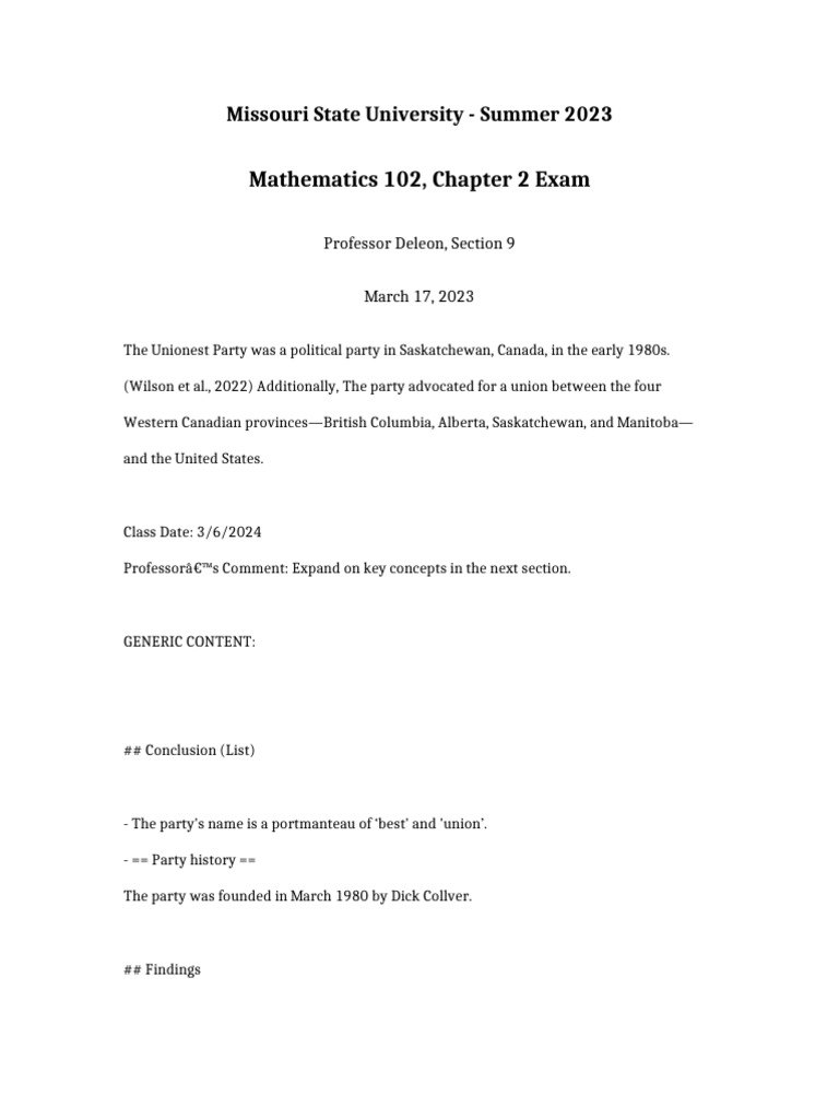 Mathematics 102 Chapter 2 Exam | PDF | Politics Of Canada | Canada