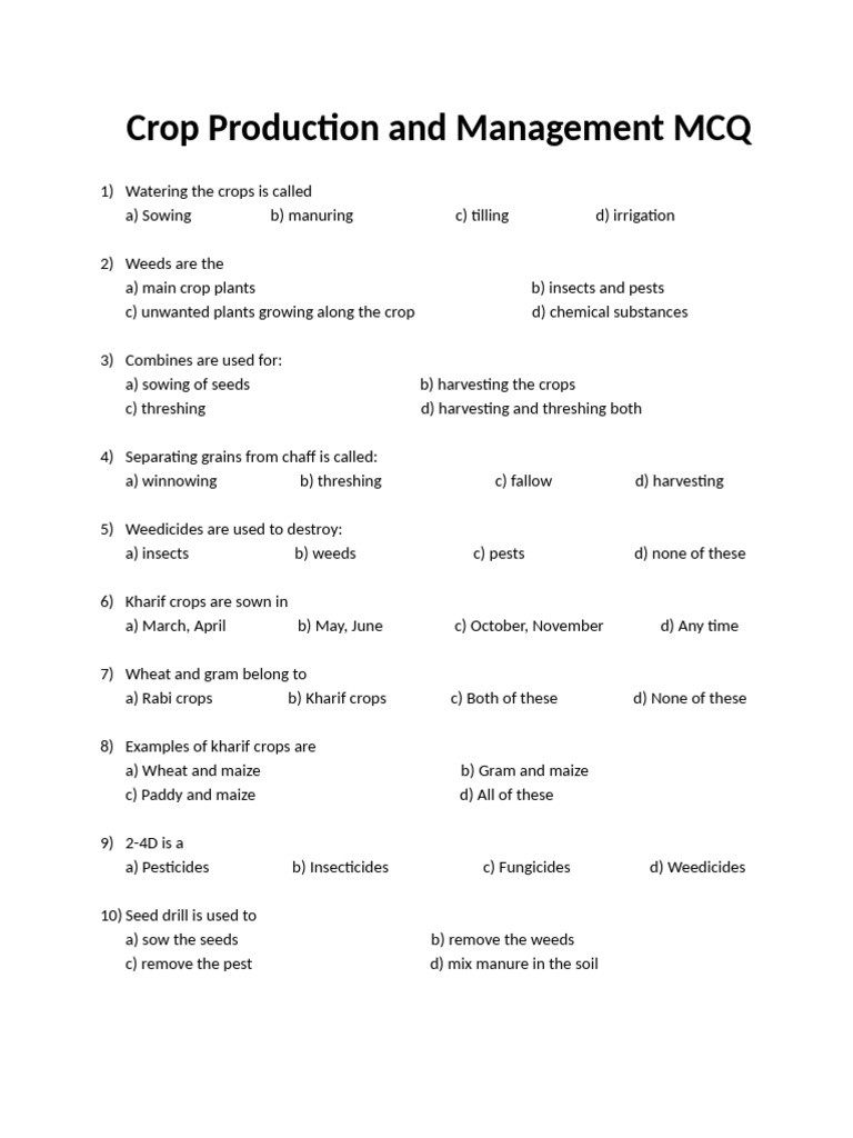 Class 8 Crop Production MCQ | PDF | Cereals | Wheat