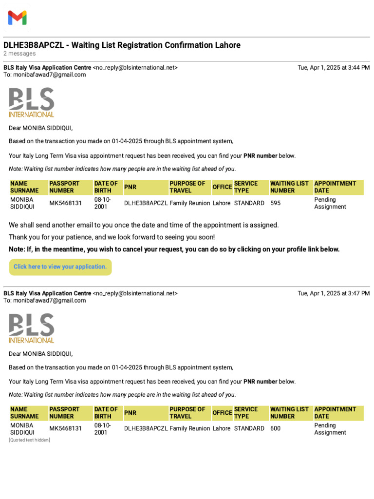 Gmail - DLHE3B8APCZL - Waiting List Registration Confirmation Lahore | PDF | Government And ...