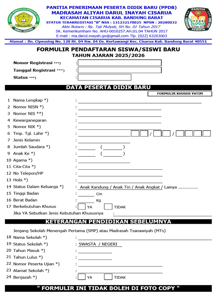 Formulir Pendaftaran Siswa Baru 2025/2026 | PDF