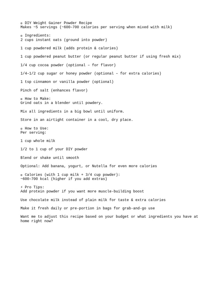 ? DIY Weight Gainer Powder Recipe | PDF
