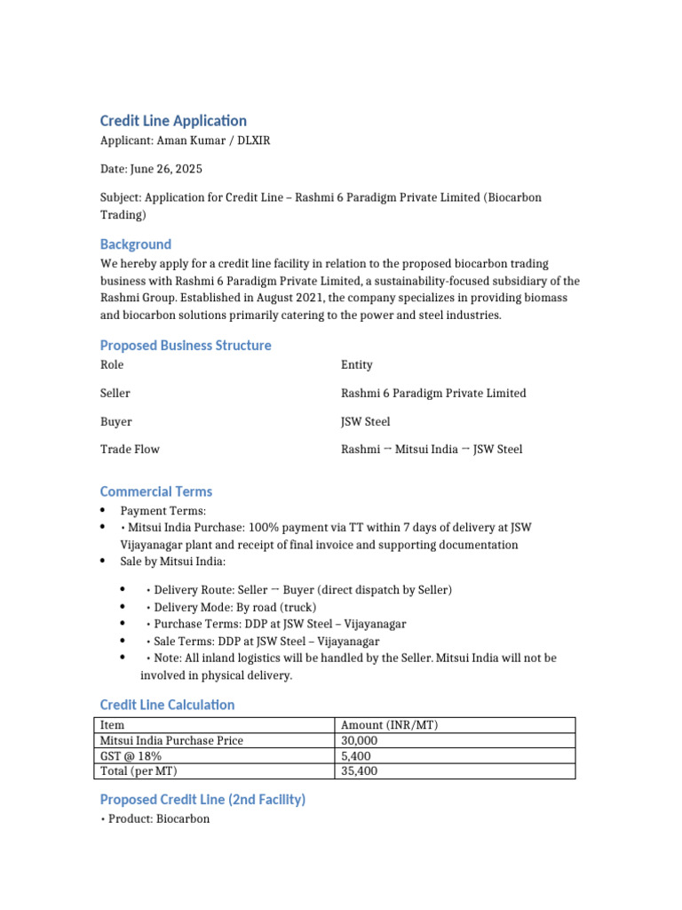Credit Line Application Rashmi Biocarbon | PDF