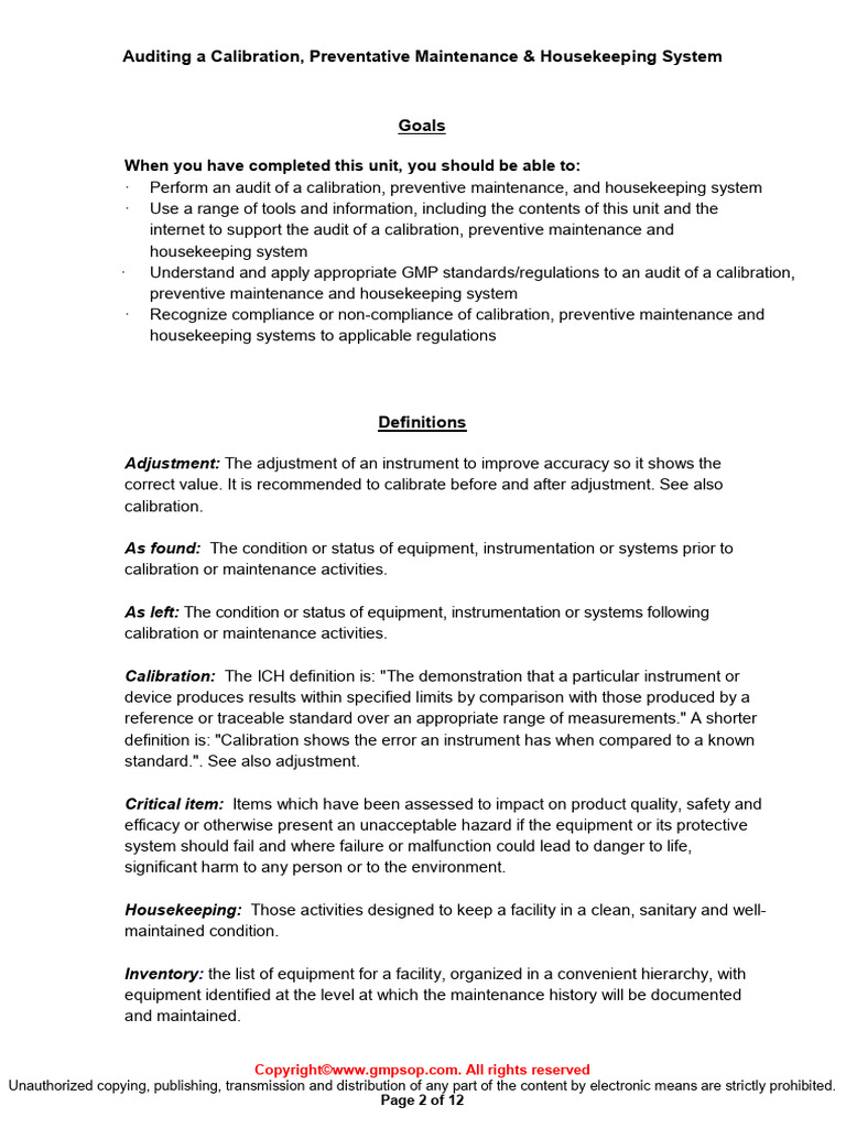 Audit 009 Auditing A Calibration Preventative Maintenance Housekeeping System Sample | PDF ...