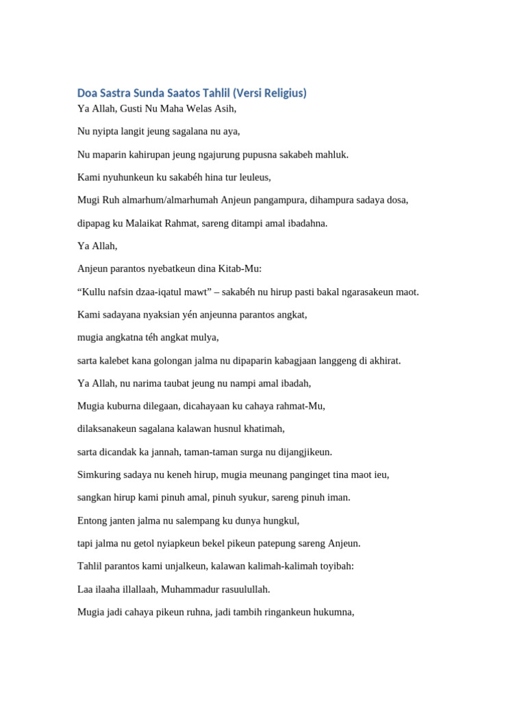 Doa Sastra Sunda Saatos Tahlil Religius | PDF