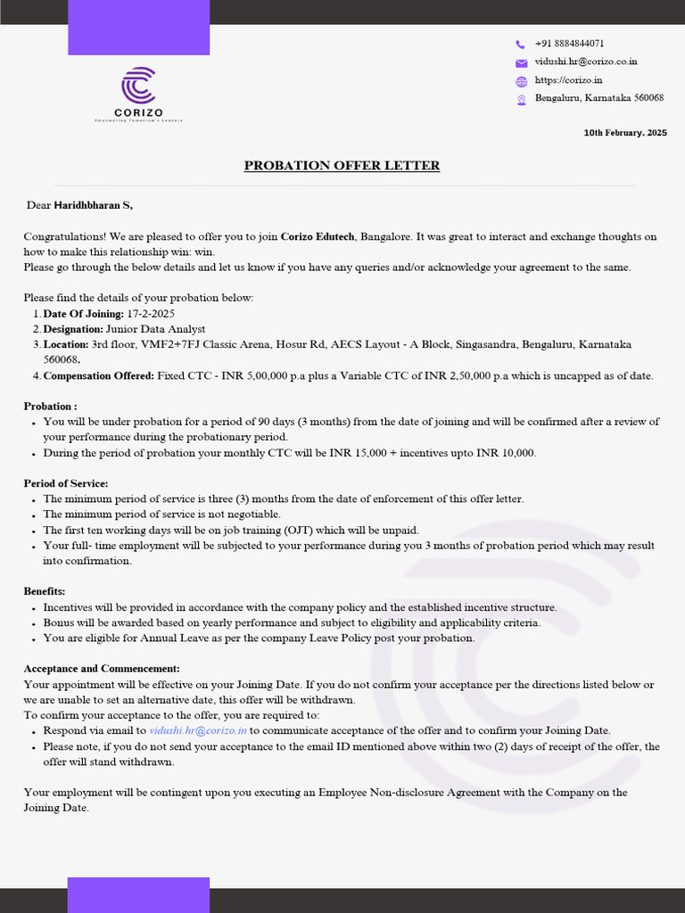 Junior Data Analyst Probation Offer Letter | PDF | Identity Document ...