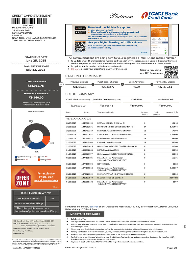 ICICI Bank Credit Card Statement Summary | PDF | Credit Card | Payments