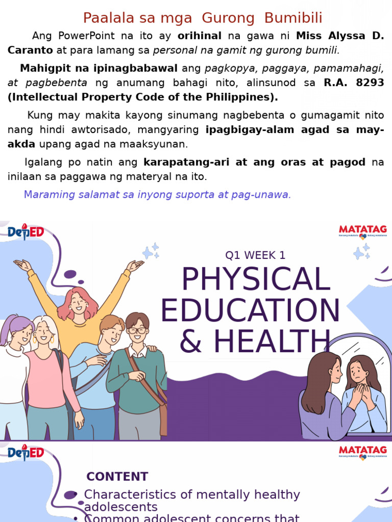 Q1 - PPT - PE & Health 7 - Week 1 | PDF | Adolescence | Mental Health