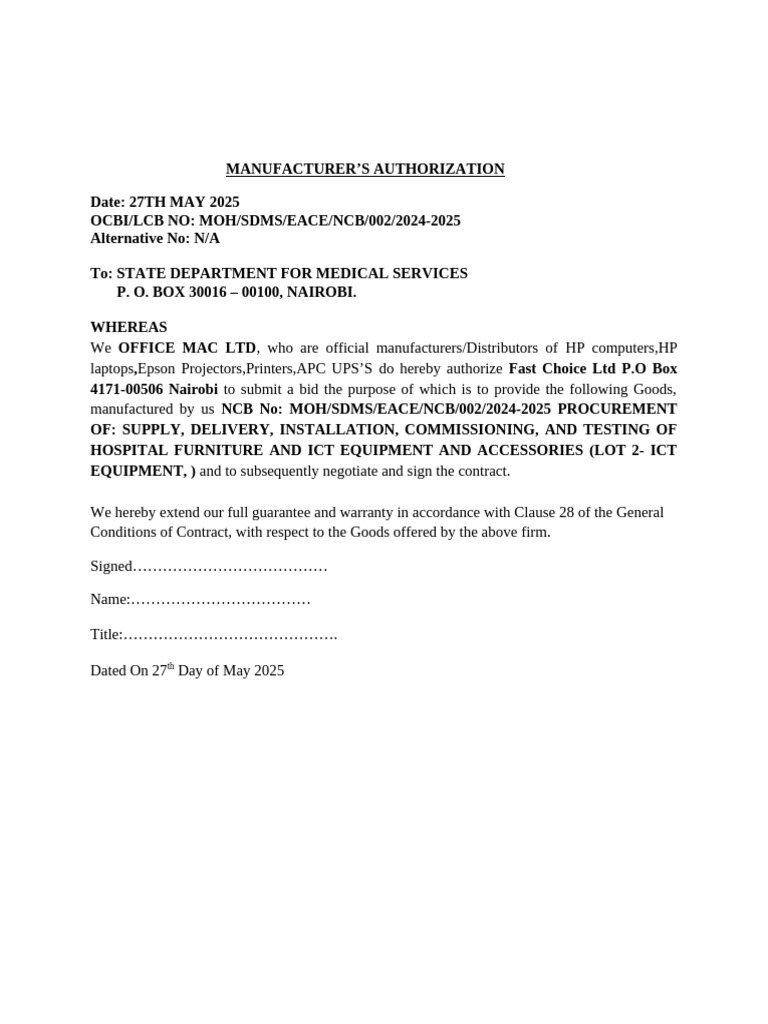 Manufacturers Authorization ICT Equipment | PDF