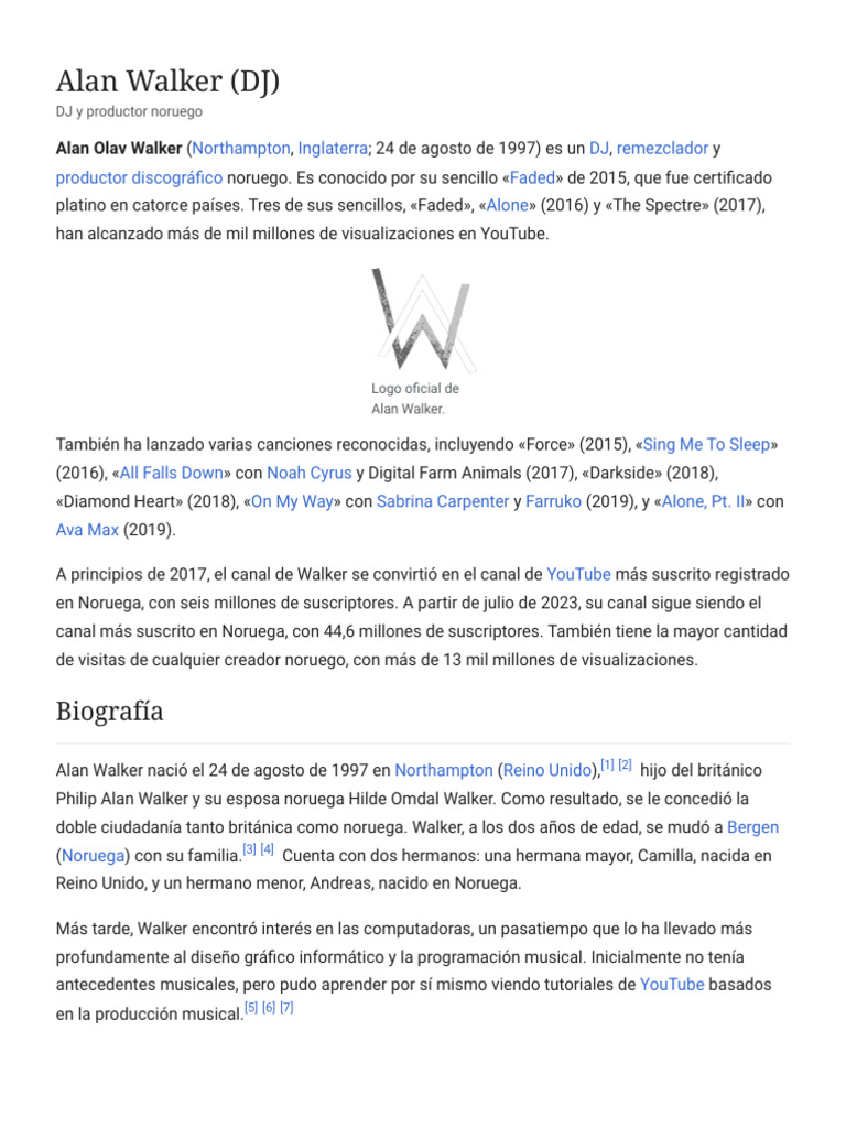 Alan Walker (DJ) - Wikipedia, La Enciclopedia Libre | PDF