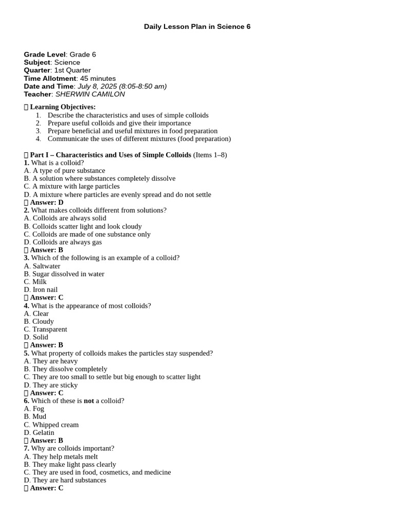 Daily Lesson Plan in Science 6 Day 5 Summative Test | PDF | Foods | Colloid