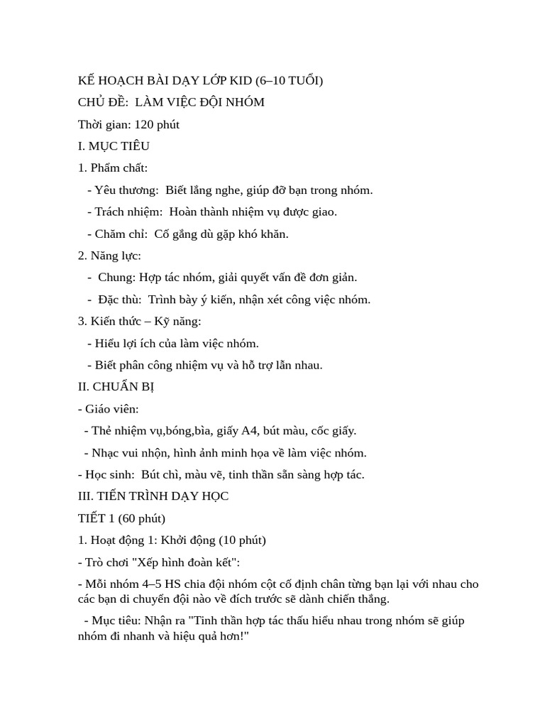 Kế Hoạch Bài Dạy Lớp Kid Làm Việc Nhóm | PDF