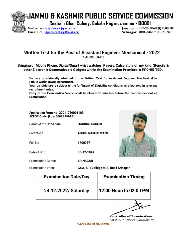 Assistant Engineer Exam Admit Card | PDF