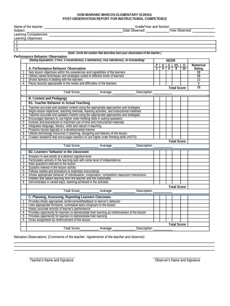 Teachers Post Observation Form | PDF | Learning | Teachers