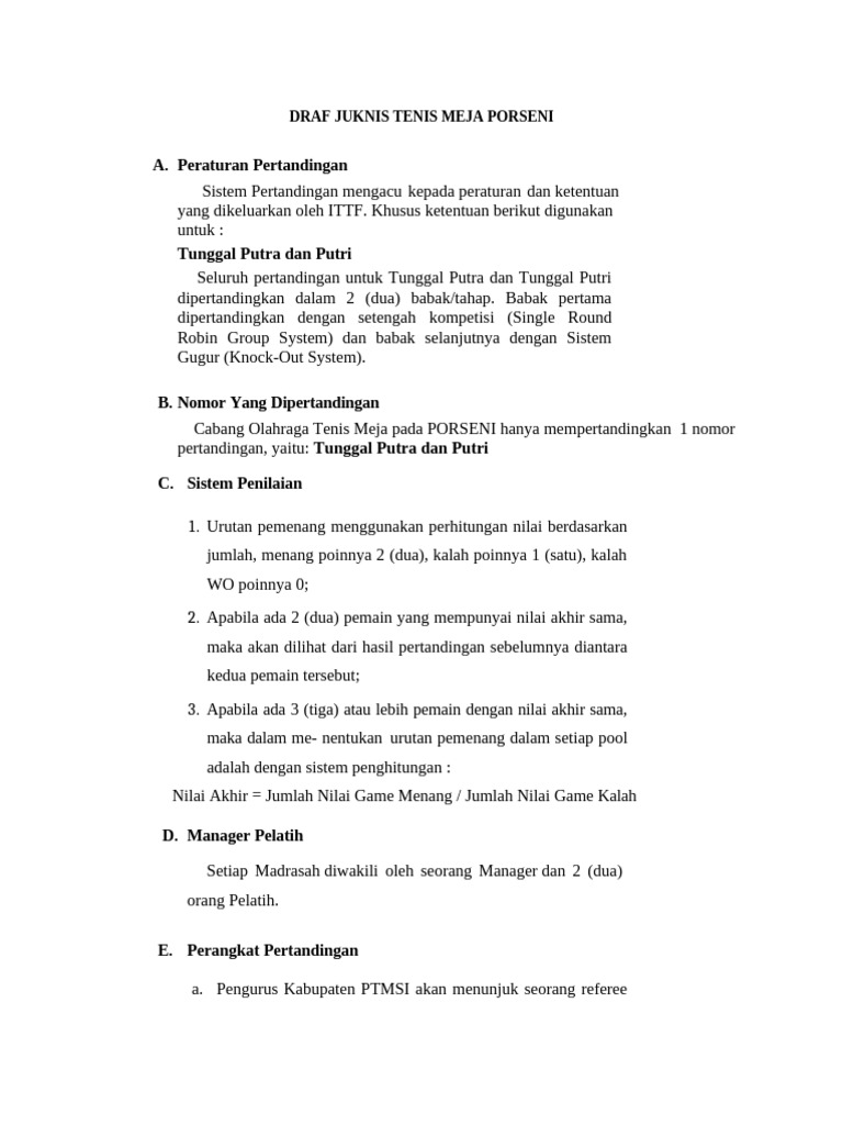 Juknis Lomba Tenis Meja PORSENI 2025 | PDF