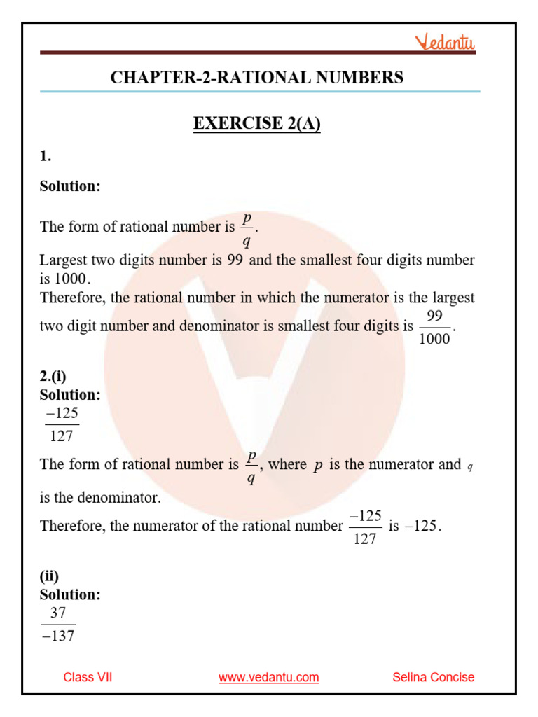 Selina Concise Mathematics Class 7 ICSE Solutions For Chapter 2 - Rational Numbers | PDF ...