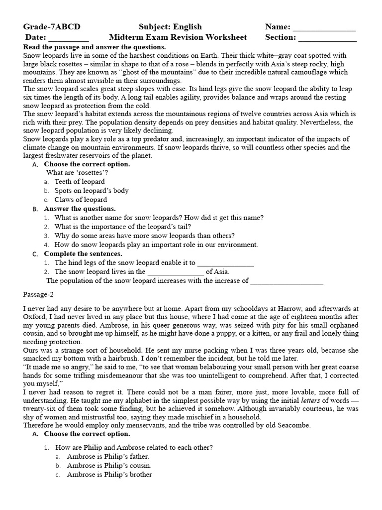 Grade-7 Midterm Revision Worksheet - 2 | PDF | Leopard | Sentence (Linguistics)
