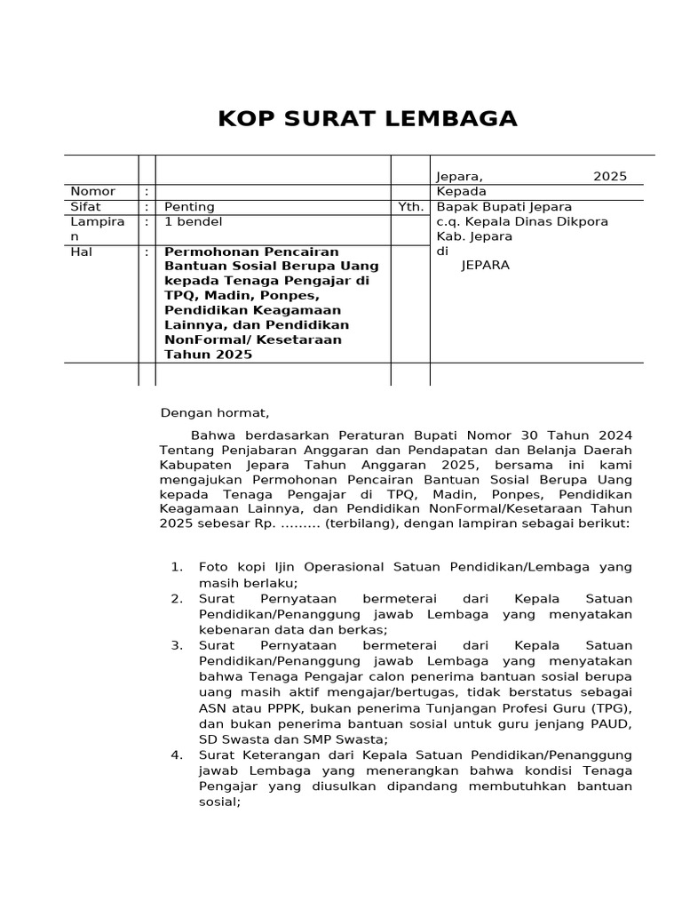 Format Lampiran II - Surat Permohonan Usulan Pencairan | PDF