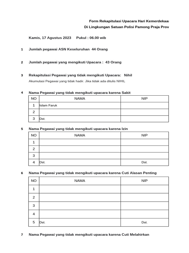 Form Kehadiran Upacara 17 Agustus S10 | PDF