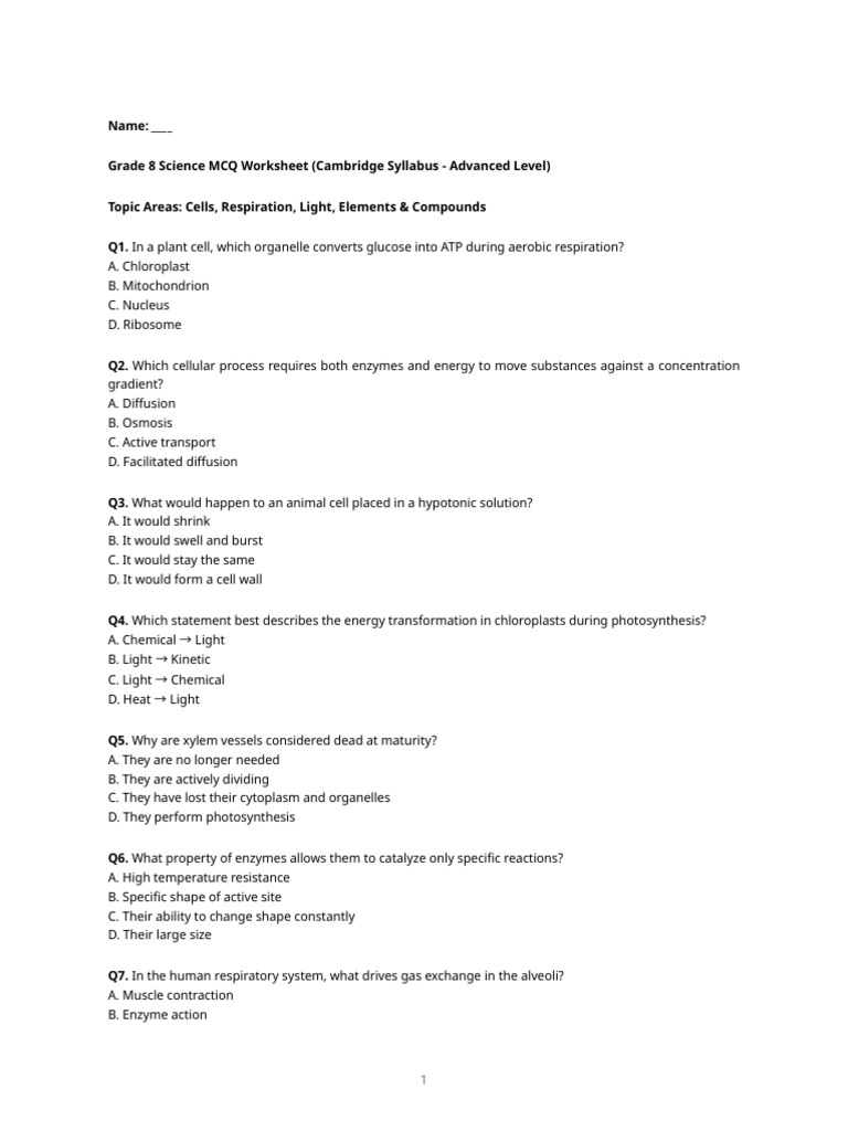 Grade 8 Science MCQ Worksheet | PDF | Cellular Respiration | Photosynthesis