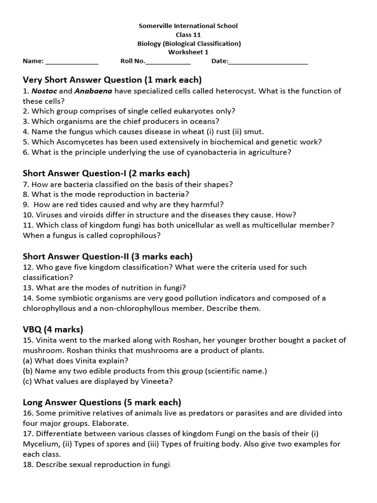 Class 11 Biology: Biological Classification Worksheet | PDF