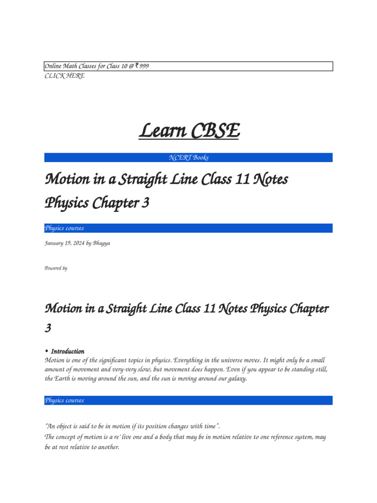 Physics Class 11 Motion in A Straight Line Notes | PDF | Velocity ...
