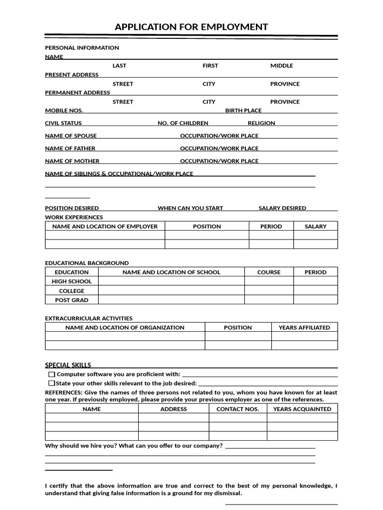 Employment Application Form Template | PDF