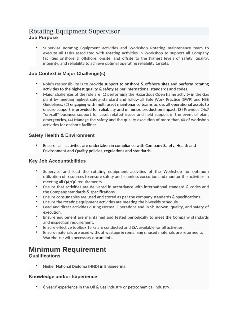 Rotating Equipment Supervisor-JD | PDF | Safety | Reliability Engineering