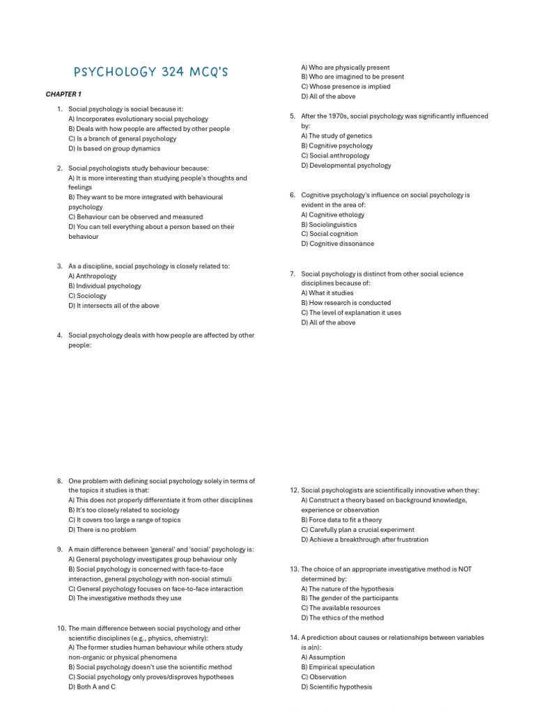 Social Psychology MCQs Overview | PDF | Experiment | Psychology