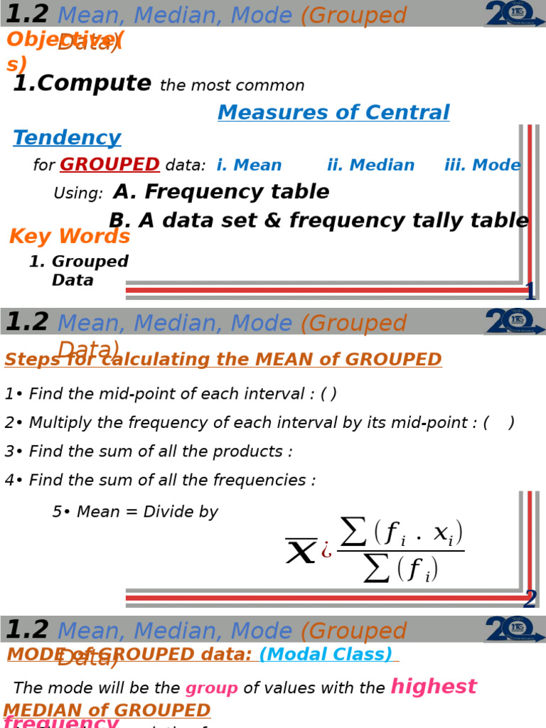 1.2 Mean, Median, Mode of Grouped Data'25 | PDF | Mean | Mode (Statistics)