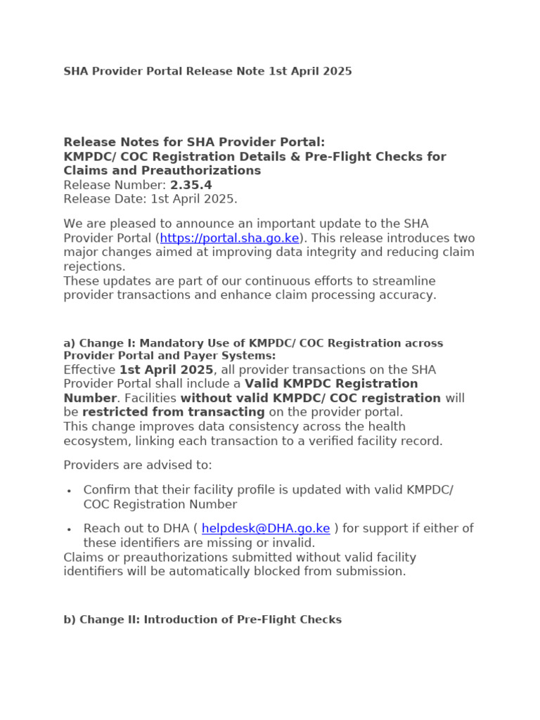 SHA Provider Portal Release Note 1st April 2025 | PDF | Computing