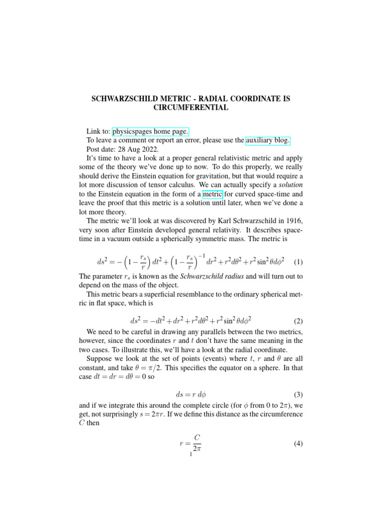 Schwarzschild Metric - Radial Coordinate Is Circumferential | PDF ...