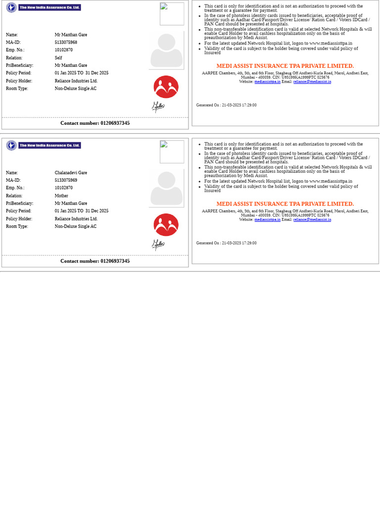 Contact Number: 01206937345: Medi Assist Insurance Tpa Private Limited | PDF | Identity Document ...