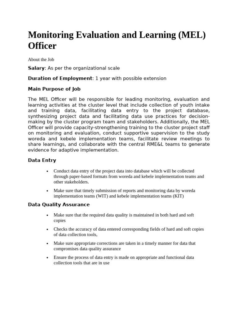Monitoring Evaluation and Learning Officer | PDF | Evaluation | Data Quality