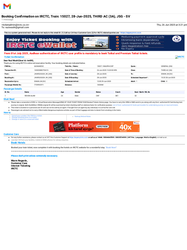 Gmail - Booking Confirmation On IRCTC, Train - 15027, 28-Jun-2025, THIRD AC (3A), JSG - SV | PDF ...