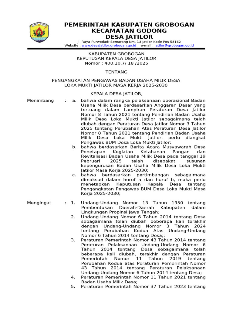 SK Pengangkatan Pengawas BUM Desa 2025-2030 | PDF