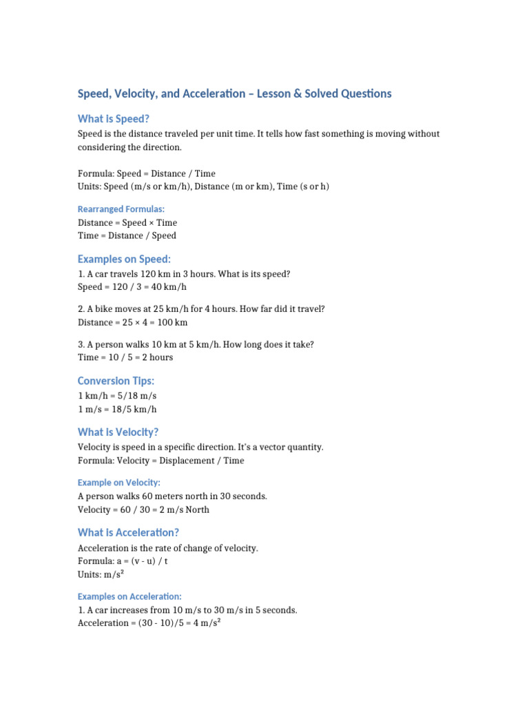 Speed Velocity Acceleration Lesson | PDF | Force | Acceleration