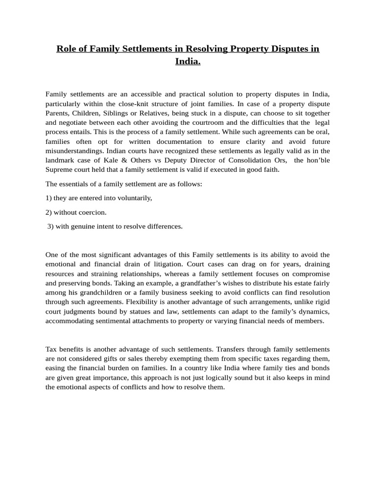 Role of Family Settlements in Resolving Property Disputes in India ...