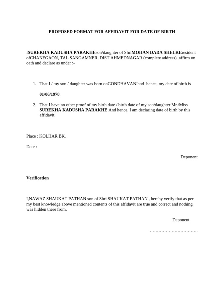 Affidavit Format for Date of Birth | PDF